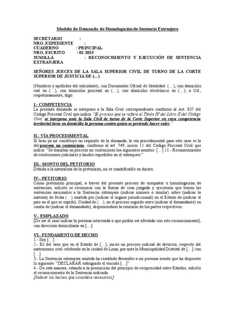 Modelo de Demanda de Exequatur Divorcio | PDF | Sentencia (ley) | Divorcio
