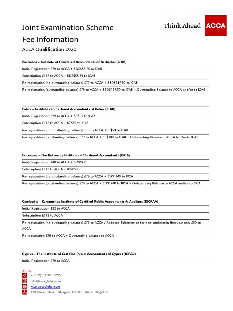 ACCA Qualification Joint Examination Scheme Fee Information 2020 | PDF ...