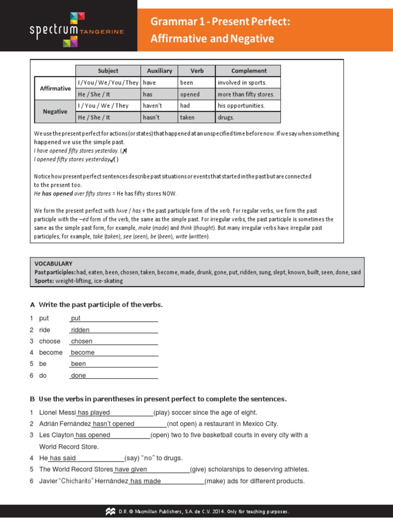 Grammar 1 - Present Perfect: Affirmative and Negative | PDF | Verb | Syntax