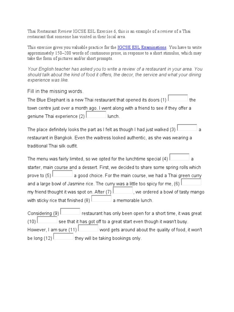 Thai Restaurant Review IGCSE ESL Exercise 6 | PDF