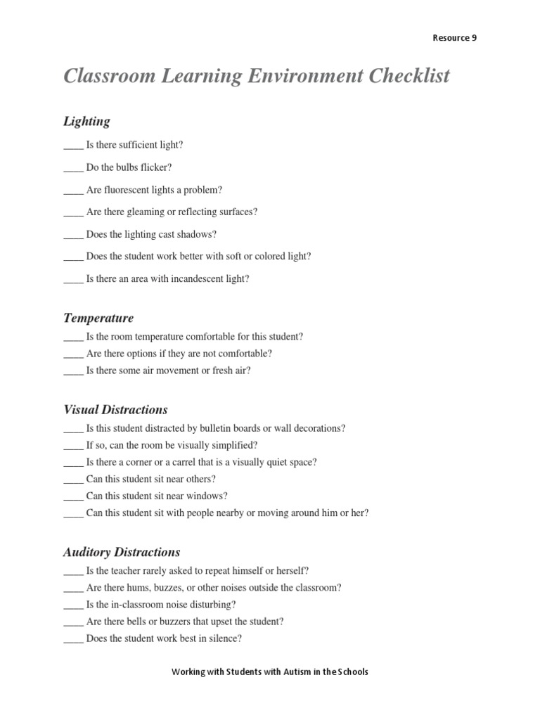 Resource 9 Classroom Learning Environment Checklist | PDF ...