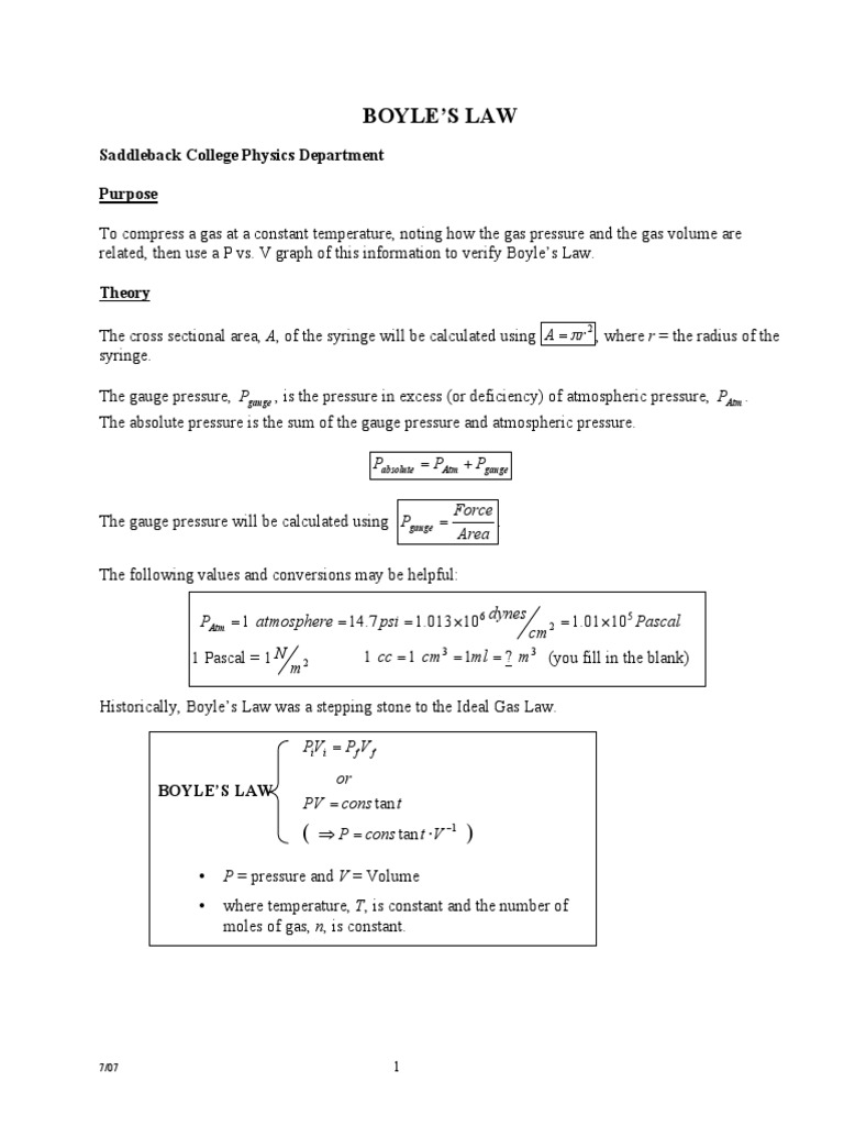 Boyle'S Law: Saddleback College Physics Department Purpose | PDF ...