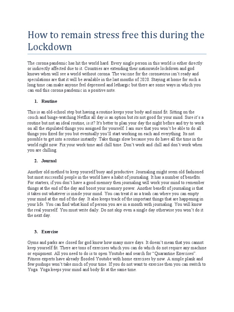 How To Remain Stress Free This During The Lockdown | PDF | Mind ...