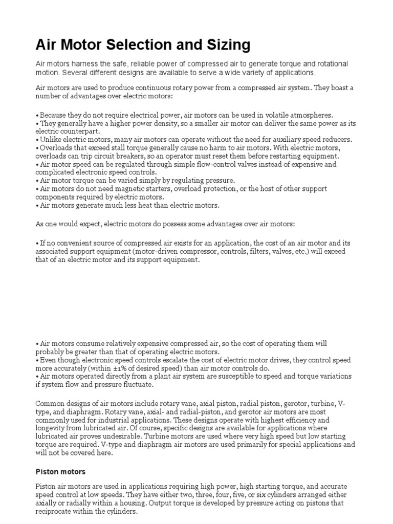 Air Motor Selection and Sizing | PDF | Electric Motor | Engines