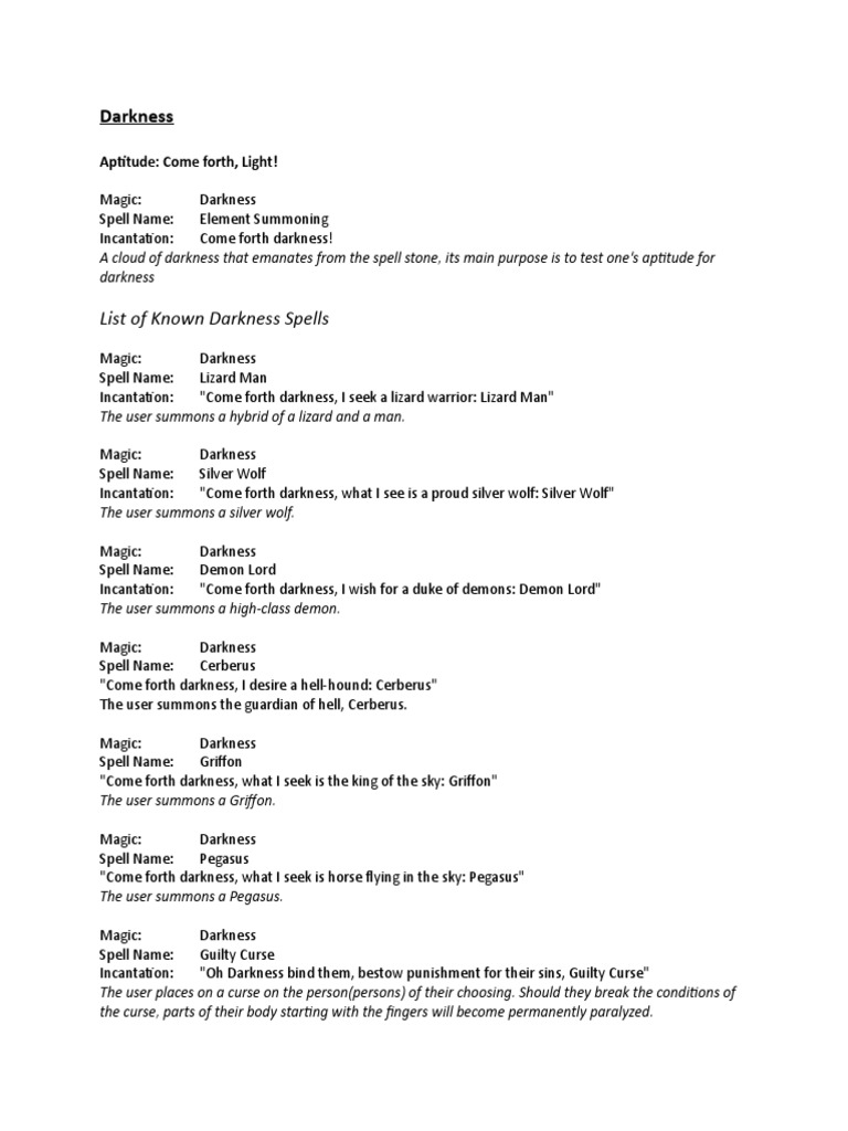 Darkness: List of Known Darkness Spells | PDF