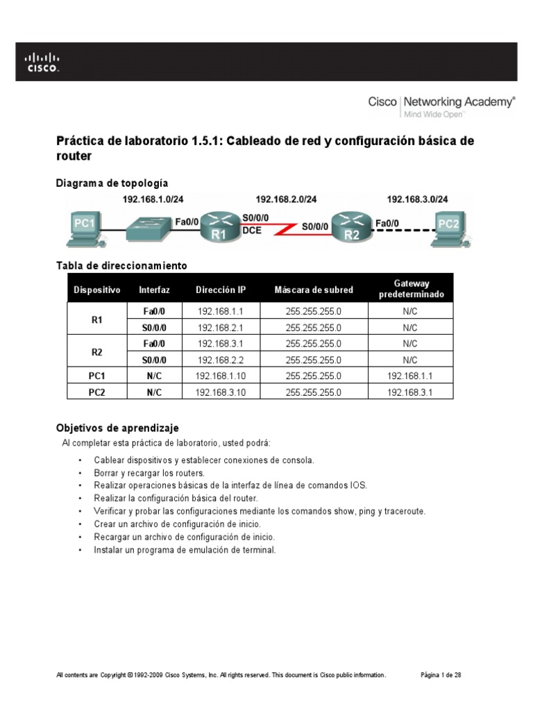 Práctica de Laboratorio 1.5.1.1 Cableado de Red y Configuración Básica de Router - Serial | PDF ...