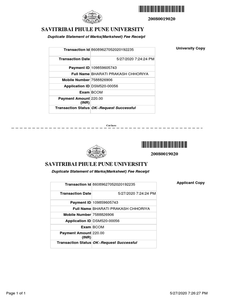 Savitribai Phule Pune University: Duplicate Statement of Marks ...