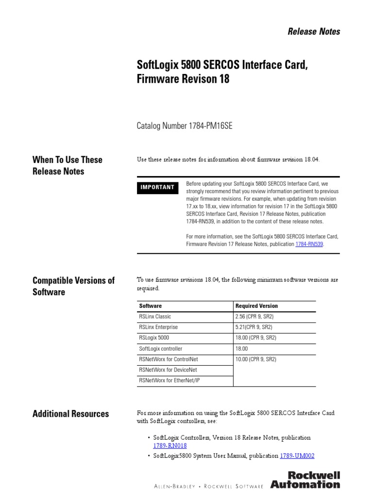 1784-rn540 - SoftLogix 5800 SERCOS Interface Card, Firmware Revison 18 ...