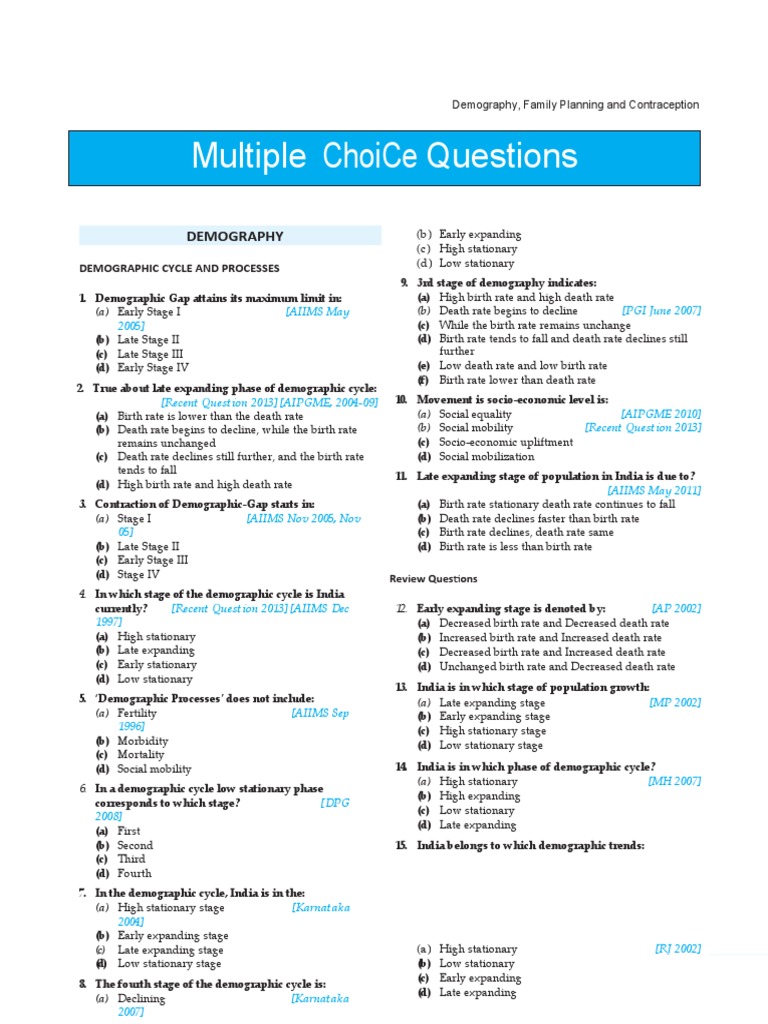 Multiple Choice Questions: Demography | PDF | Total Fertility Rate ...