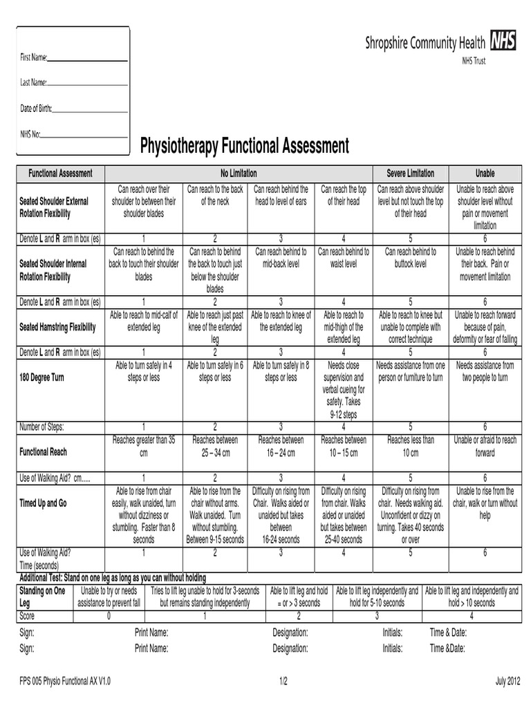 Physiotherapy Functional Assessment | PDF | Physical Therapy | Medical Specialties
