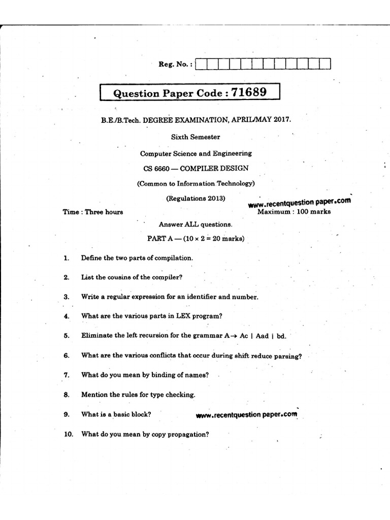 CS6601 Compiler Design AprilMay 2017 PDF | PDF