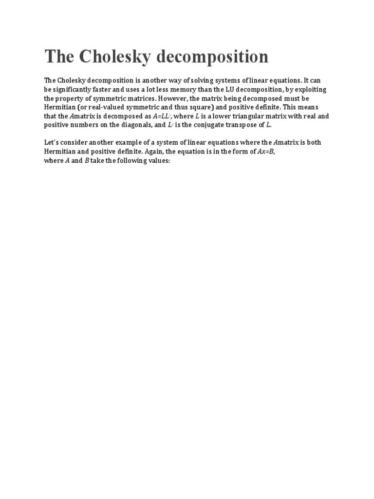 The Cholesky Decomposition | PDF | Operator Theory | Matrix (Mathematics) The Cholesky Decomposition | PDF | Operator Theory | Matrix (Mathematics)