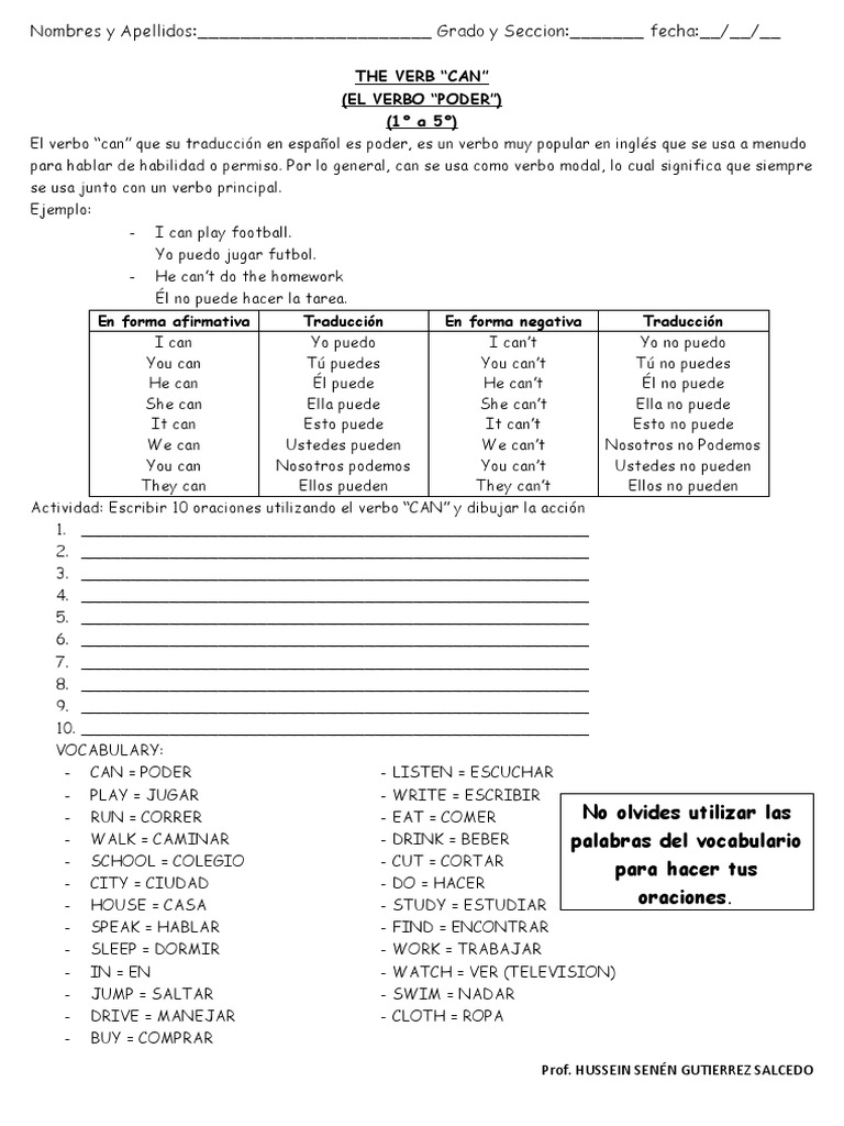 Ejercicios del verbo "can" en inglés | PDF | Idiomas