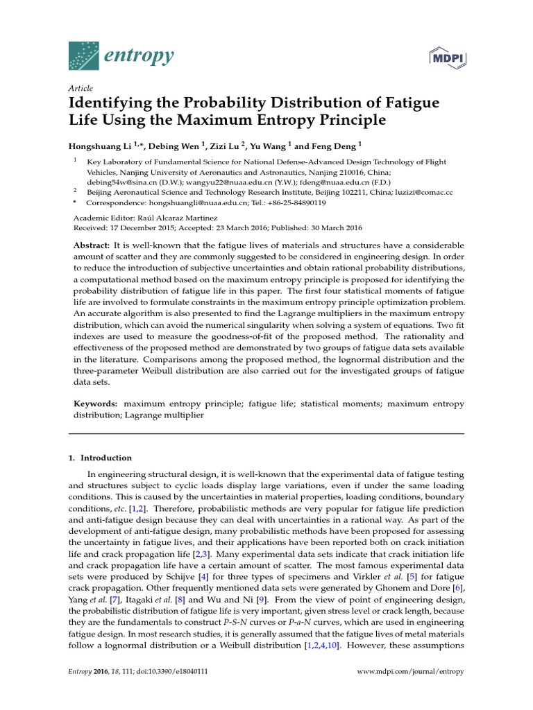 Entropy: Identifying The Probability Distribution of Fatigue Life Using The Maximum Entropy ...