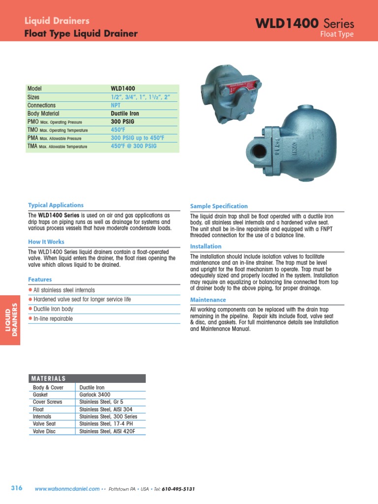 WLD1400 Series Float Liquid Drainers | PDF | Valve | Pressure Measurement