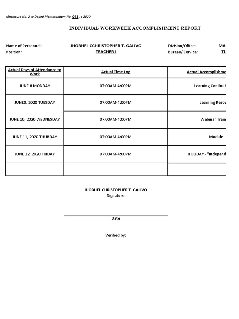 WEEKLY-ACCOMPLISHMENT-REPORT Galivo June 8-11 | PDF