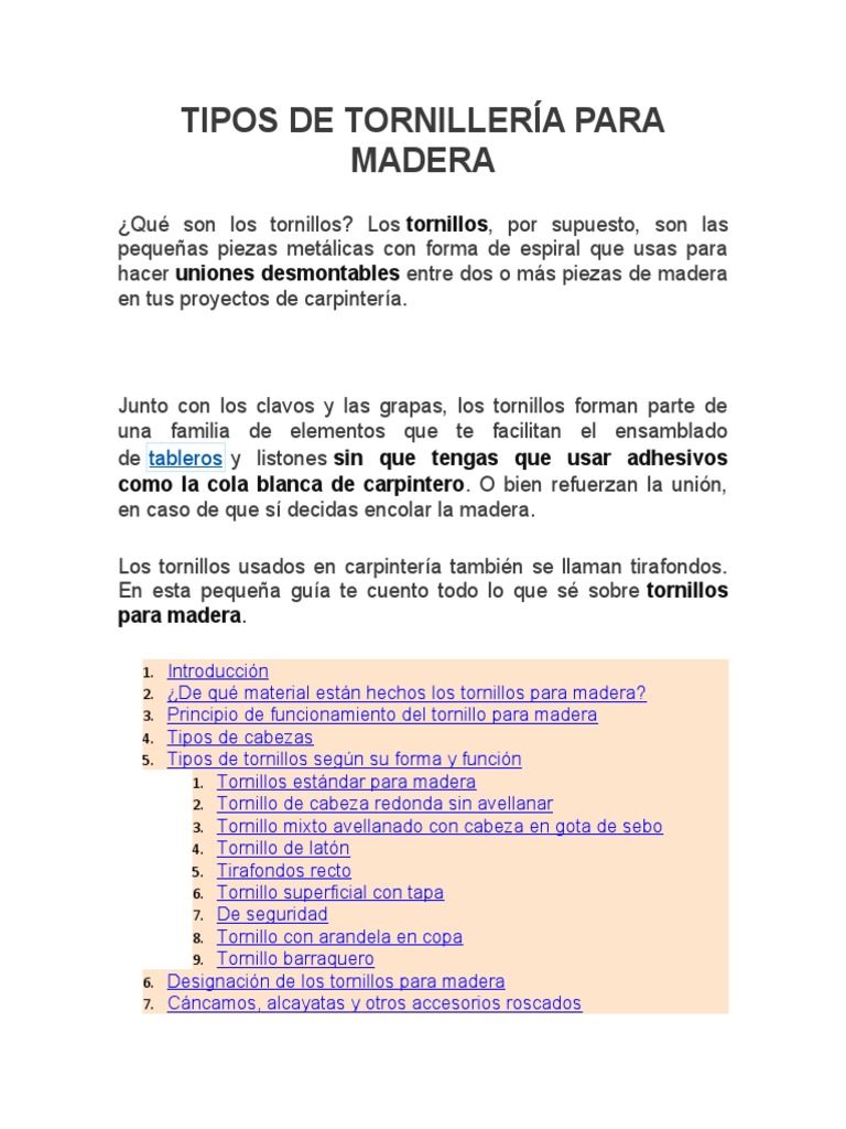 Tipos de Tornillería para Madera | PDF | Tornillo | Herramientas