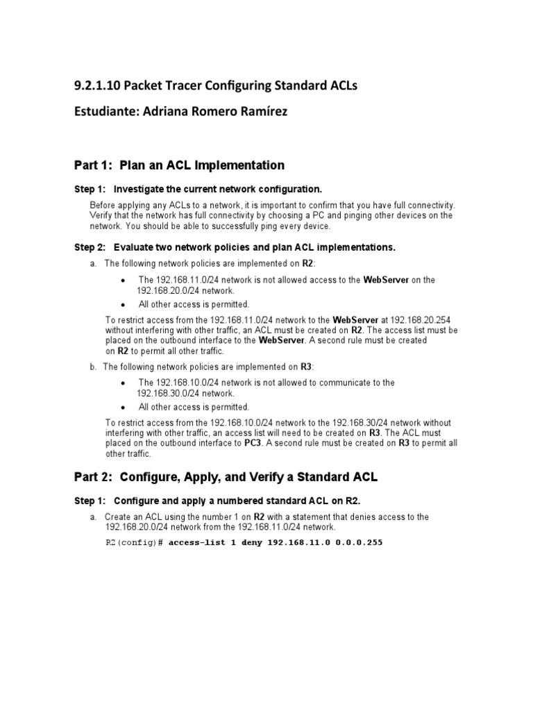 9.2.1.10 Packet Tracer Configuring Standard ACLs | PDF | Internet Protocols | Digital Technology