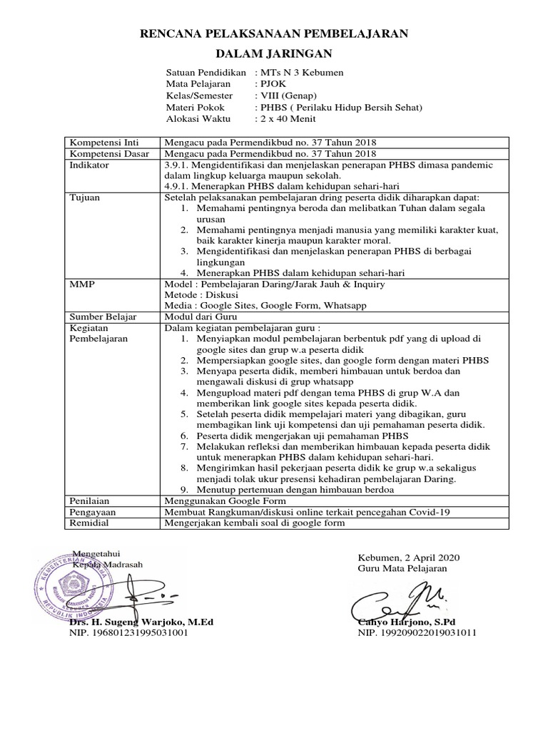 Contoh RPP Daring 1 Lembar PDF | PDF