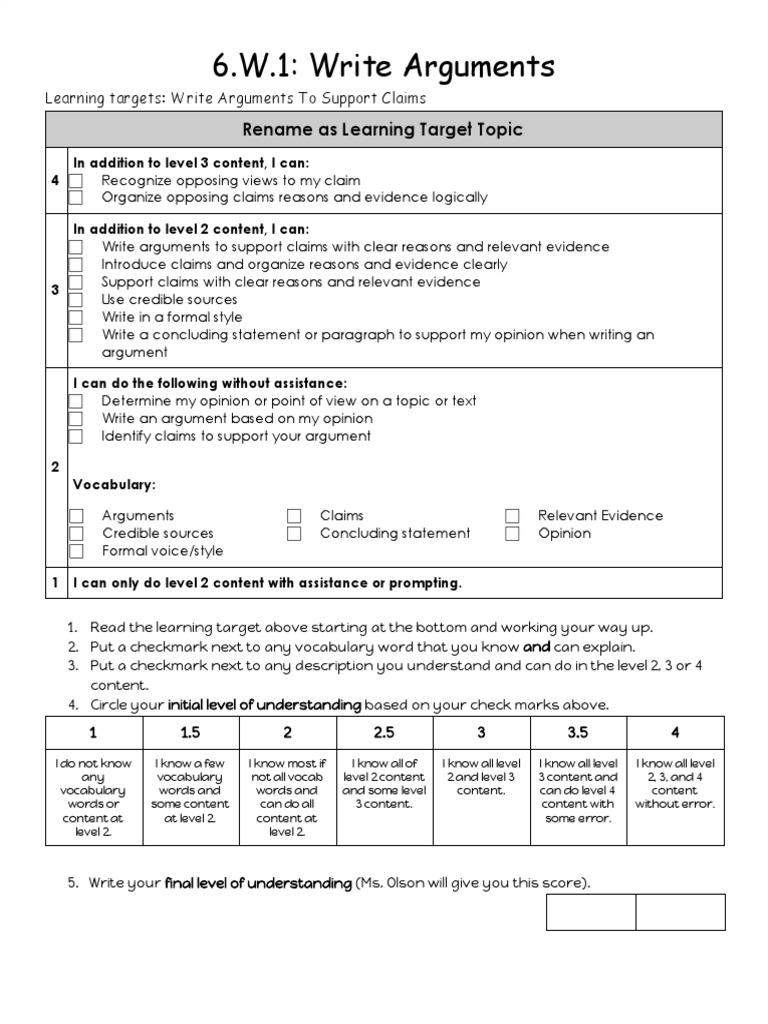 6.W.1: Write Arguments: Rename As Learning Target Topic | PDF ...