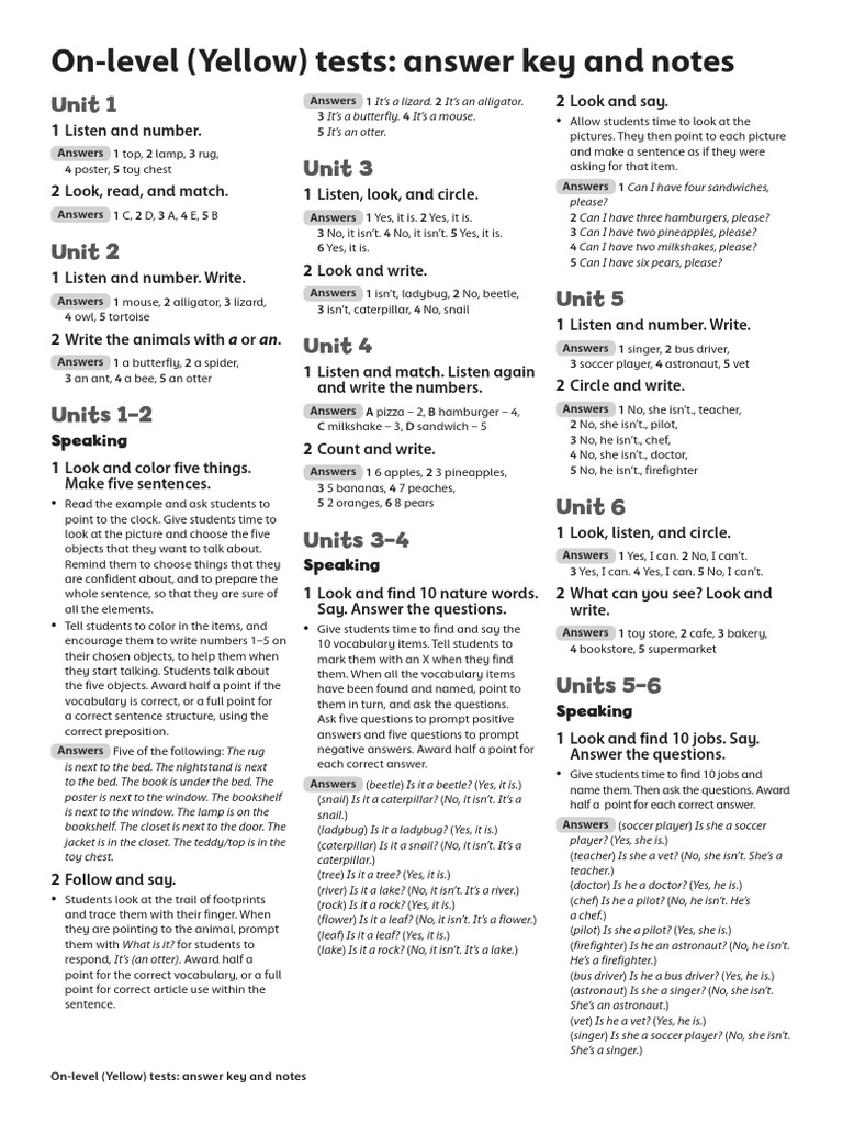 On-Level (Yellow) Tests: Answer Key and Notes: Unit 1 Unit 3 | PDF ...