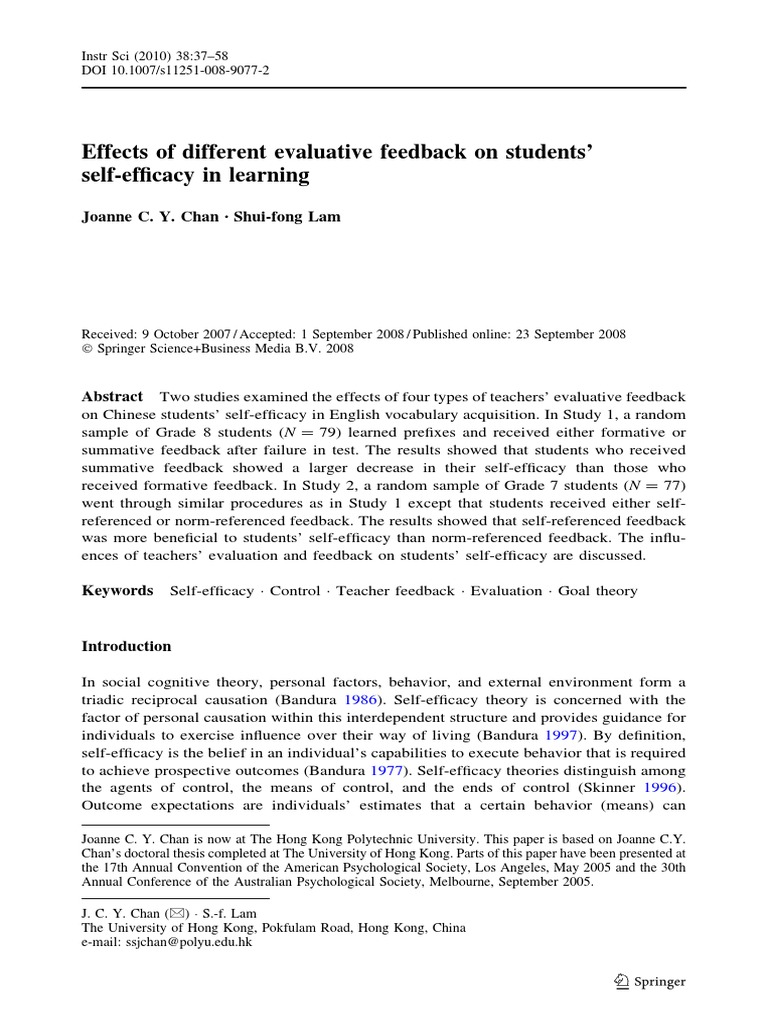 Effects of Different Evaluative Feedback On Students' Self-Efficacy in ...