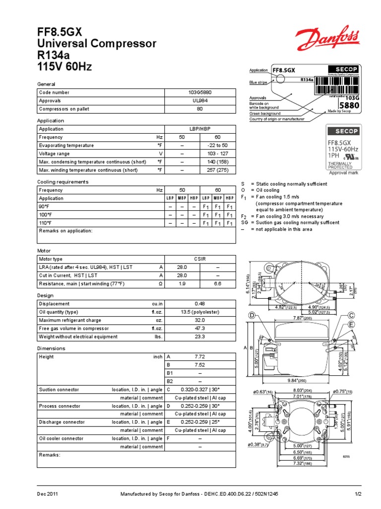 FF8.5GX Universal Compressor R134a 115V 60Hz: General | PDF ...