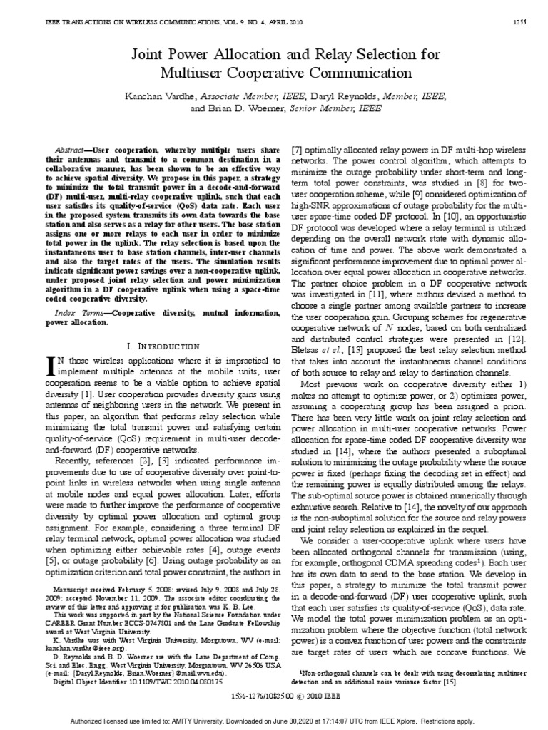 Joint Power Allocation and Relay Selection For Multiuser Cooperative Communication | PDF ...