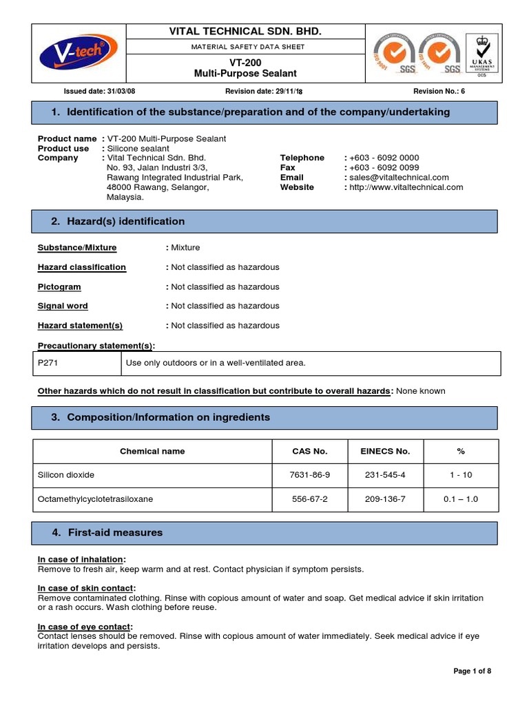 Material Safety Data Sheet for Vital Technical Sdn. Bhd.'s VT-200 Multi ...