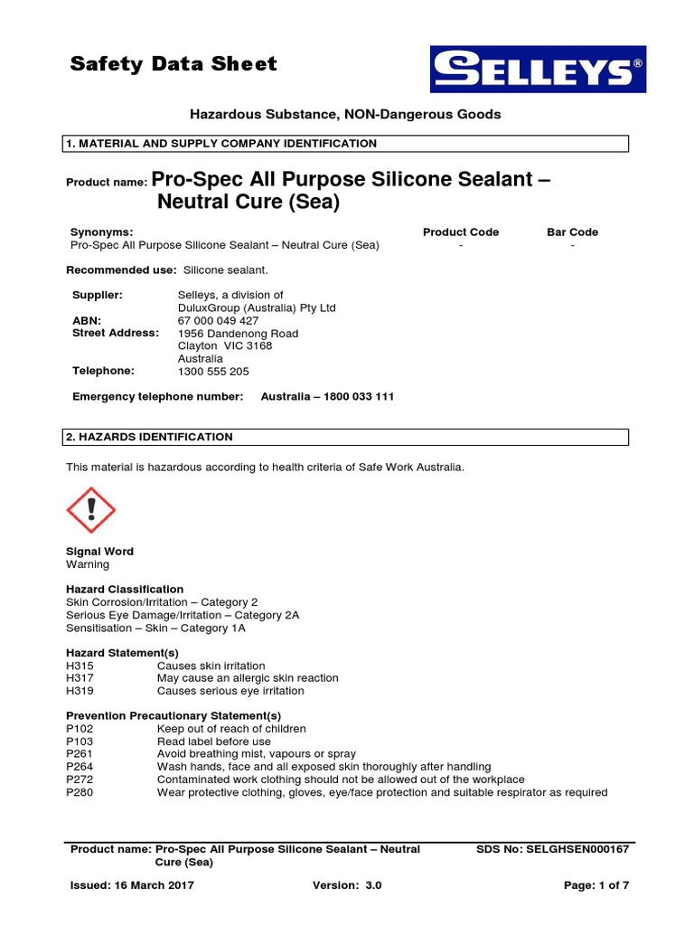 Pro-Spec Silicone Sealant Safety Data | PDF | Dangerous Goods | Toxicity
