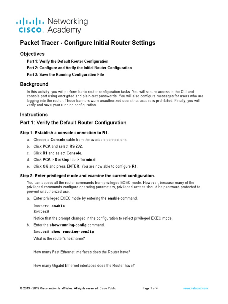 10 1 4 Packet Tracer Configure Initial Router Settings Download Free Pdf Command Line