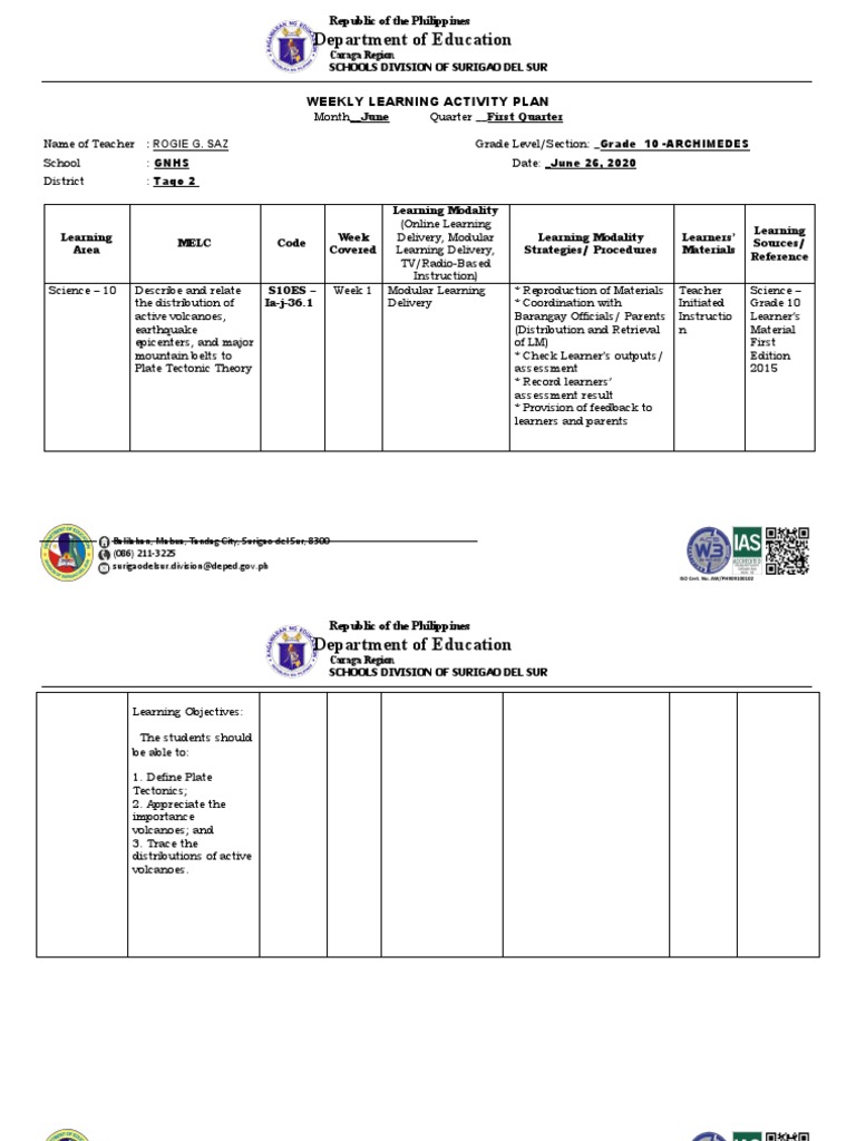Department of Education: Weekly Learning Activity Plan | PDF | Applied Psychology | Educational ...