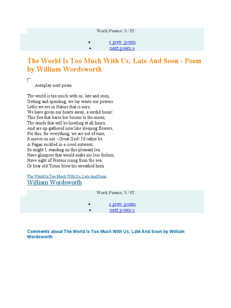 The World Is Too Much With Us Late and Soon - Poem by William ...