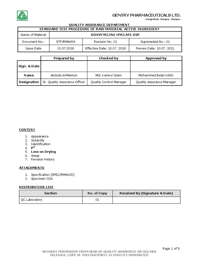 Doxycycline Hyclate Quality Standards | PDF | Solution | Solubility