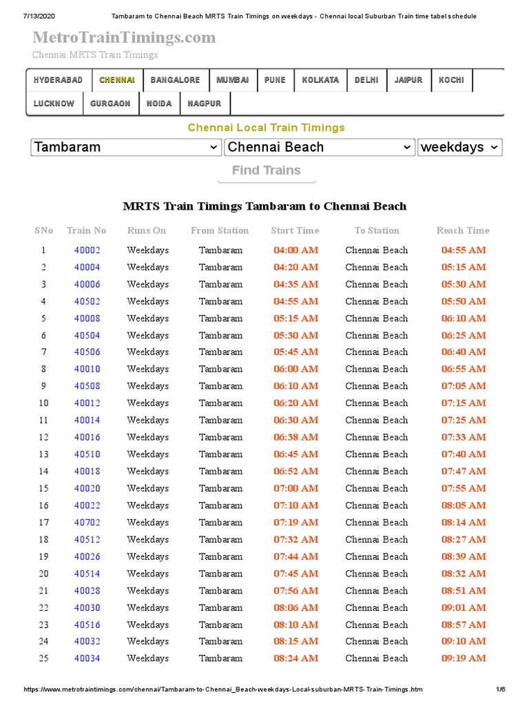 Tambaram To Chennai Beach MRTS Train Timings On Weekdays - Chennai ...