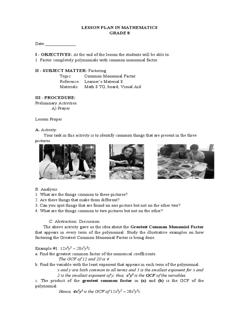 Lesson Plan in Mathematics Grade 8 | PDF | Factorization | Polynomial