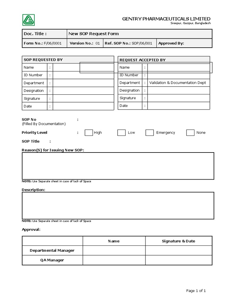 F - 06 - 0001 V-1 New SOP Request Form Gentry | PDF