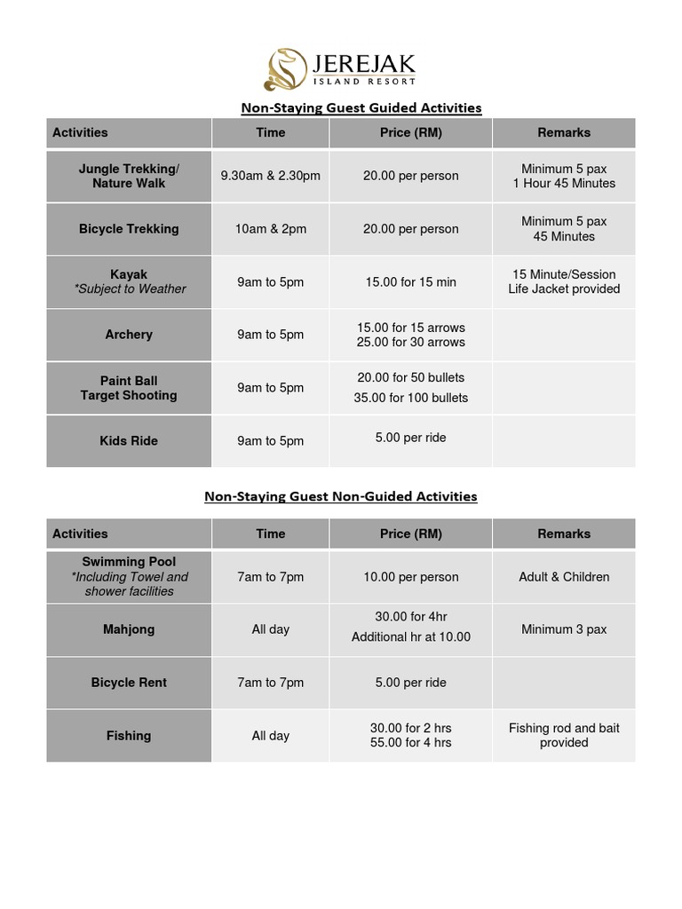 Activities Price List | PDF | Leisure | Recreation