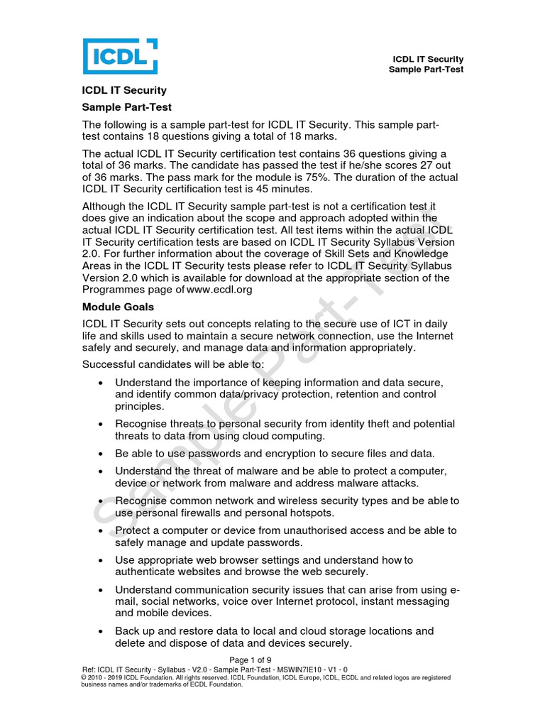 ICDL IT Security - Syllabus - V2.0 - Sample Part-Test - MSWIN7IE10 - V1 ...