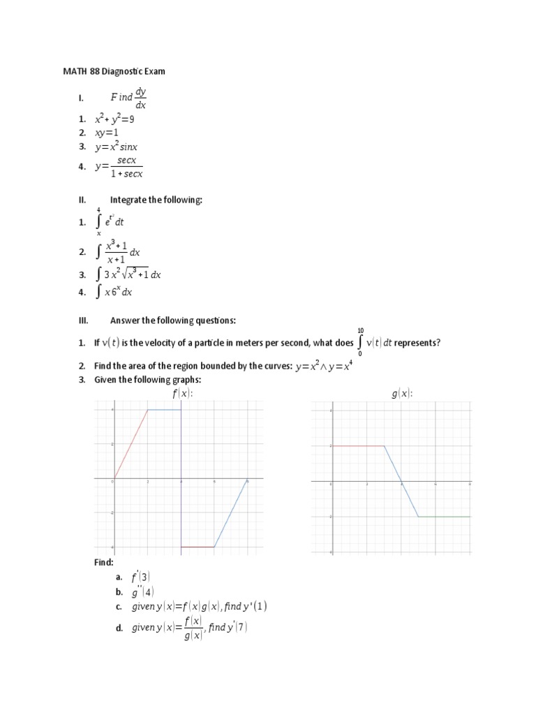 MATH 88 Diagnostic Exam | PDF