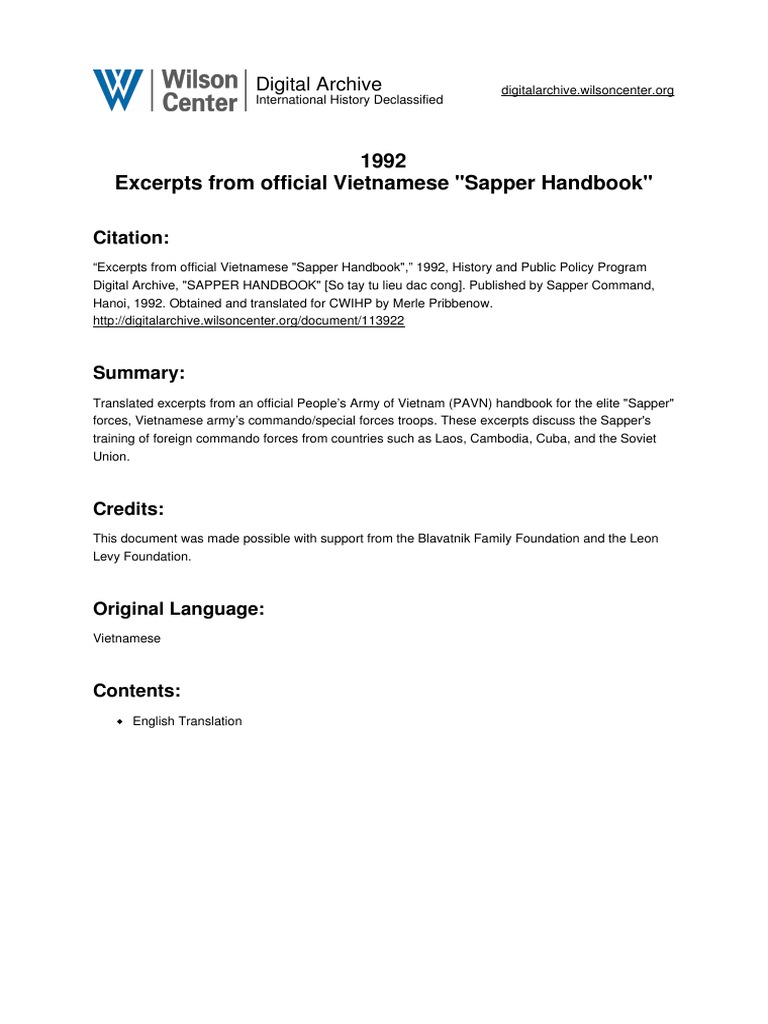 1992 Excerpts From Official Vietnamese "Sapper Handbook": Digital ...