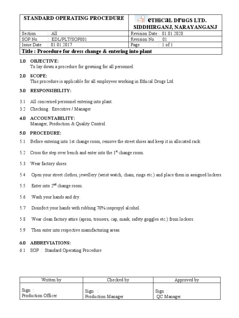 SOP For Gowning Procedure For Quality Control | PDF