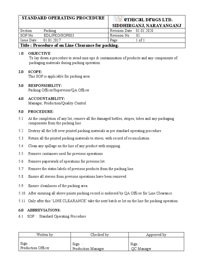 SOP For Procedure For Line Clearance Before Commencing Any ...