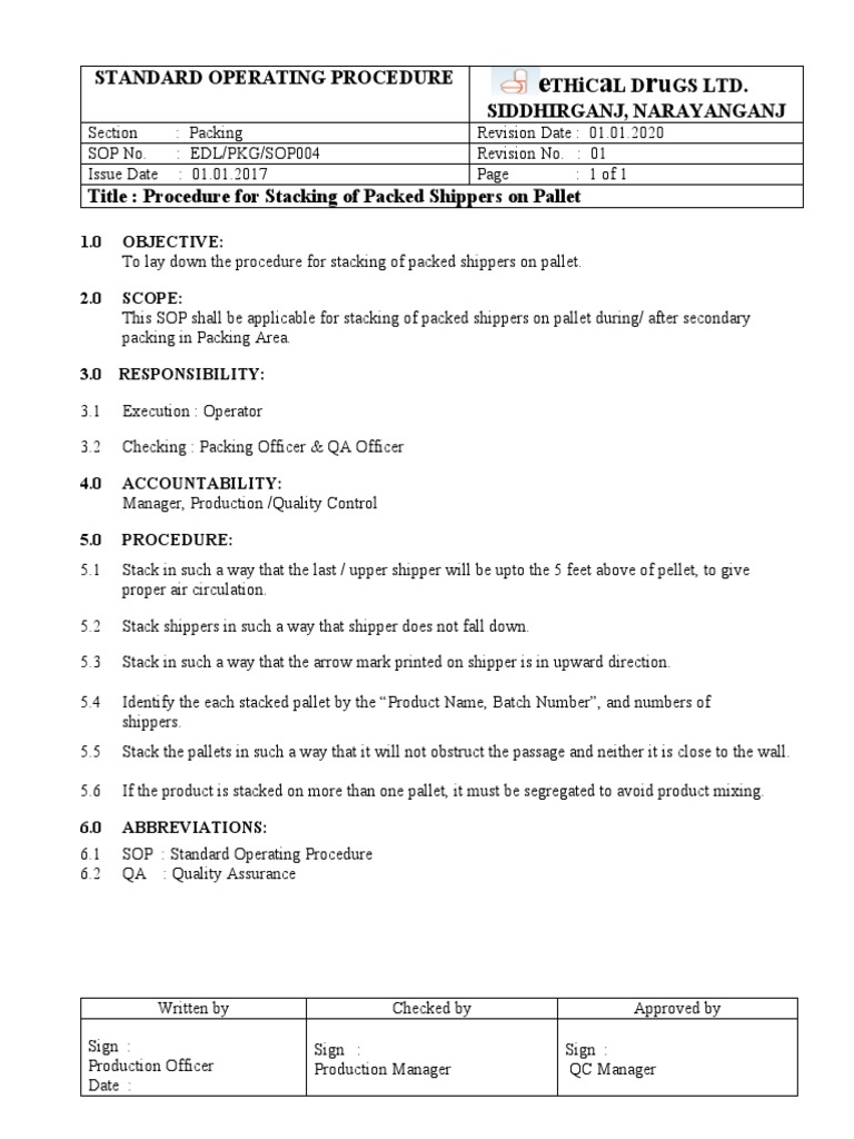 SOP For Stacking of Packed Shippers On Pallet | PDF