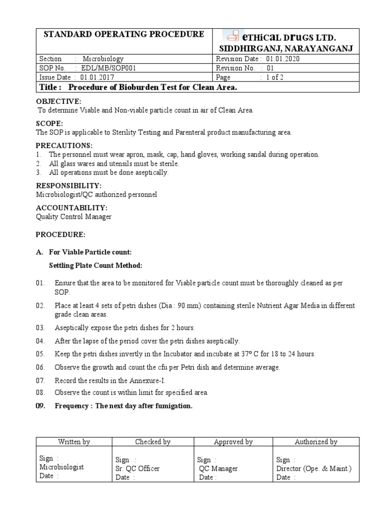 SOP For Bioburden Test | PDF | Colony Forming Unit | Microbiology