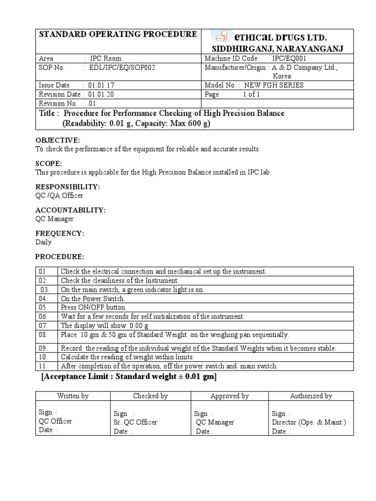 SOP For Checking of Precision Balance | PDF