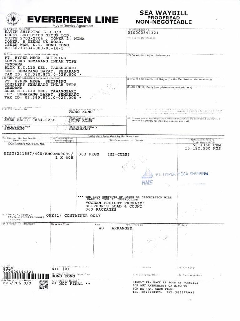 Sea Waybill for Hyper Mega Shipping | PDF