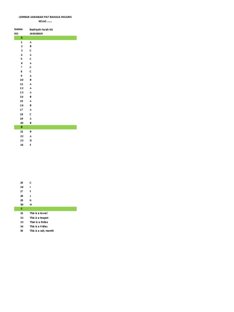 LJK Pat Bahasa Inggris Kelas .... - 1 | PDF
