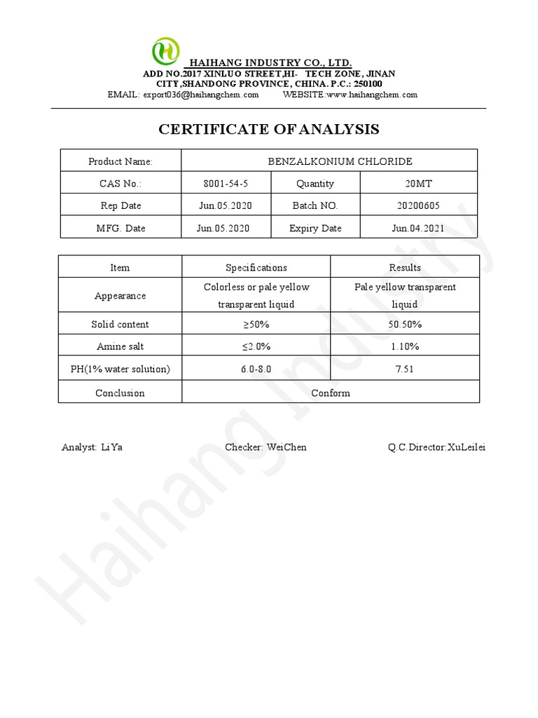 Certificate of Analysis: Haihang Industry Co., LTD | PDF