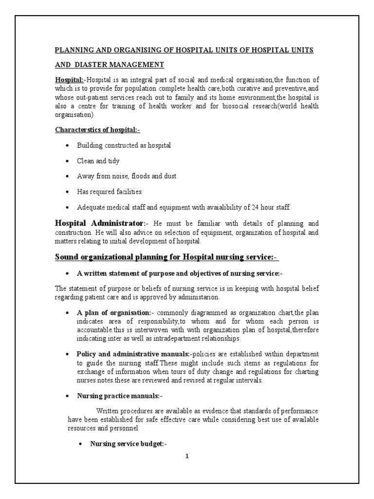 Planning and Organising of Hospital Units | PDF | Emergency Management ...